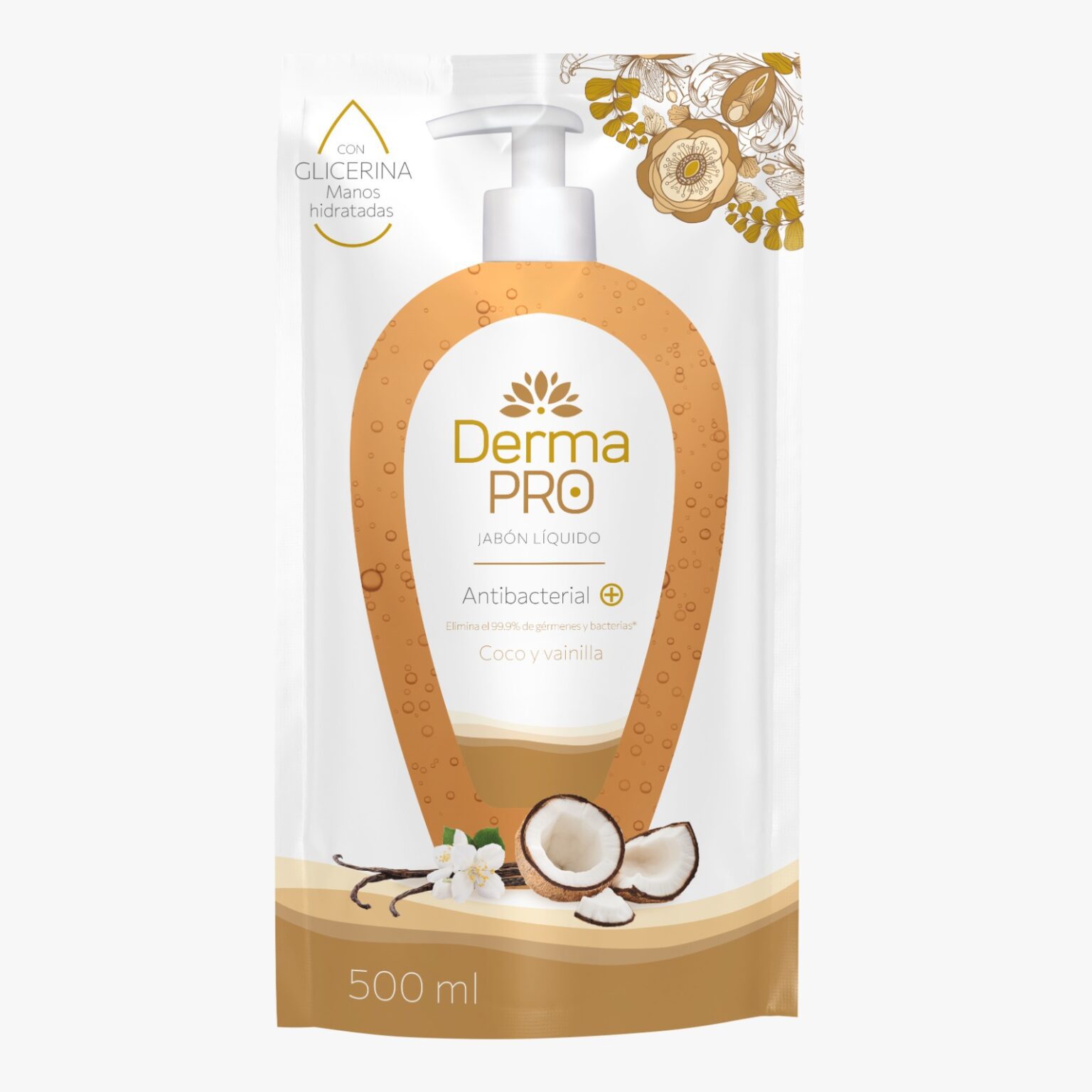 Jabon liquido doypack 500 ml. Coco y vainilla - Derma pro | Uno Más Uno